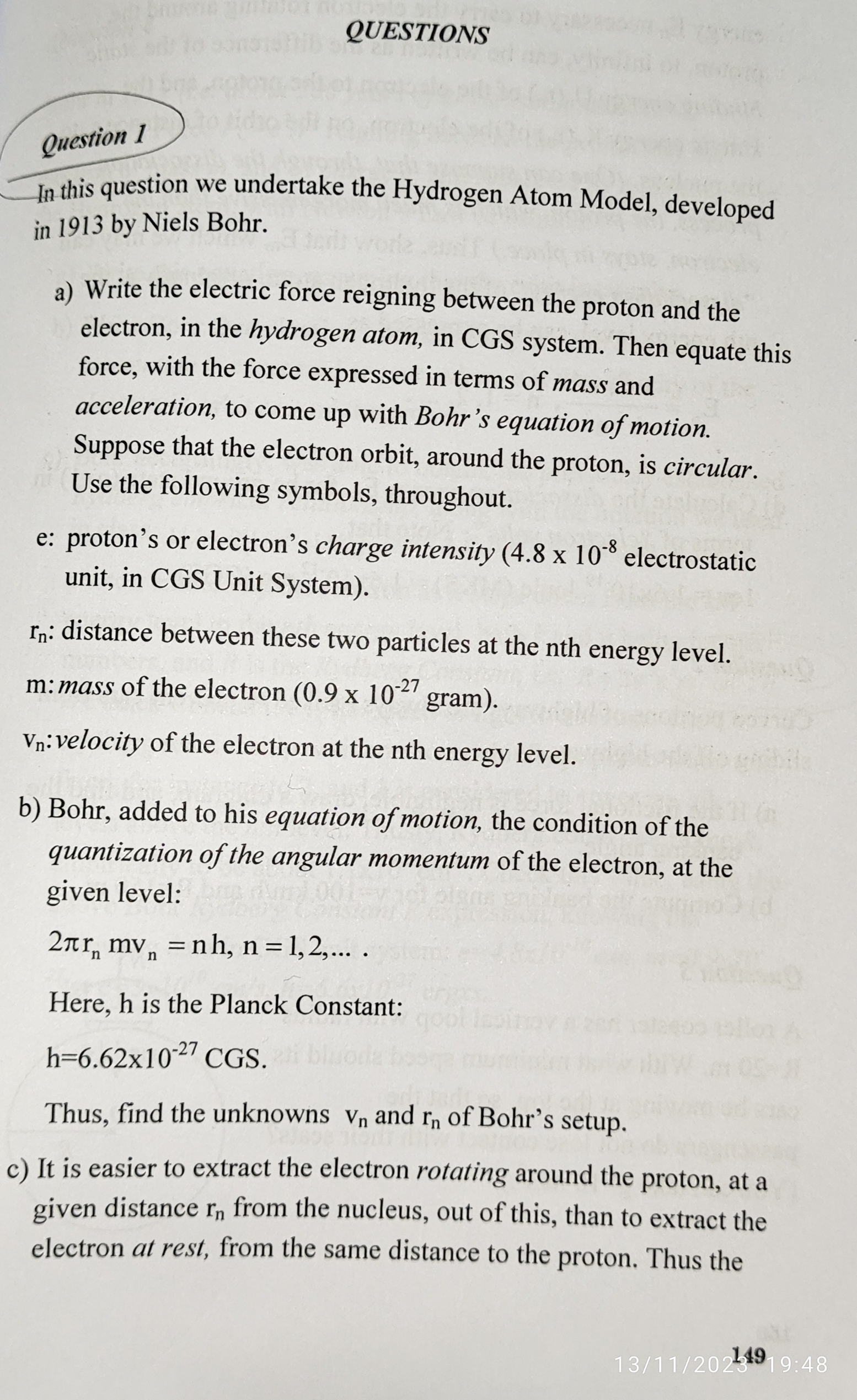 Solved Question 1 In this question we undertake the Hydrogen | Chegg.com