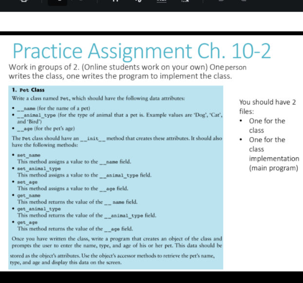 Solved Pet ClassWrite a class named Pet, which should have | Chegg.com