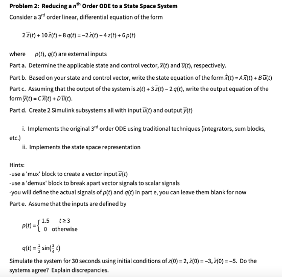 Solved Problem 2: Reducing a nth Order ODE to a State Space | Chegg.com