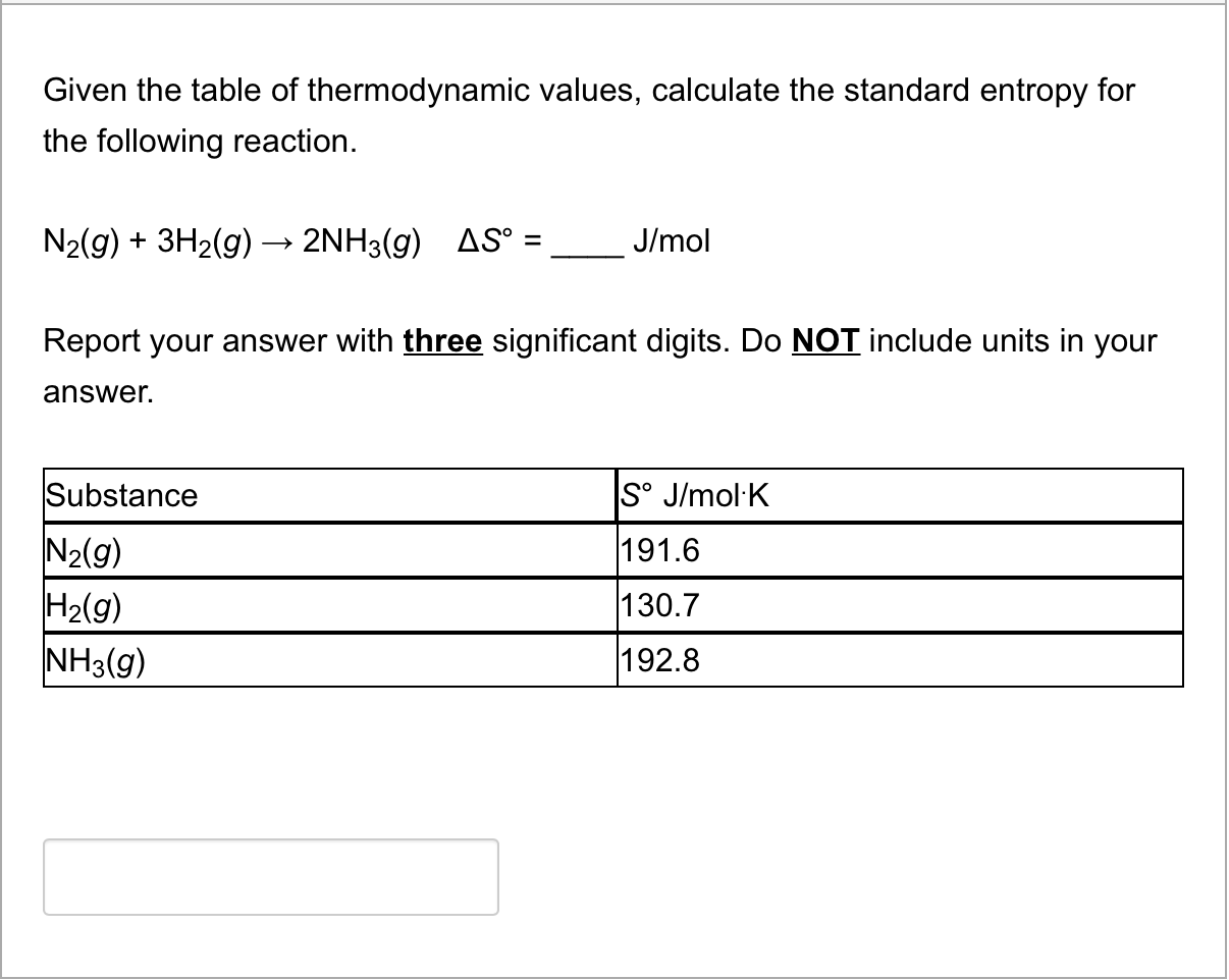 Solved Given the table of thermodynamic values, calculate | Chegg.com