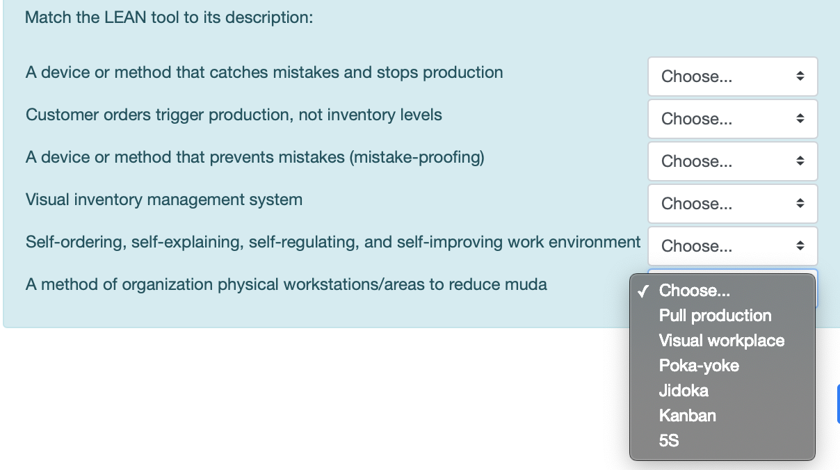 Solved Match the LEAN tool to its description: A device or | Chegg.com