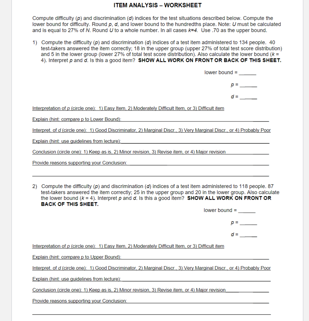 Solved Compute difficulty (p) and discrimination (d) indices | Chegg.com