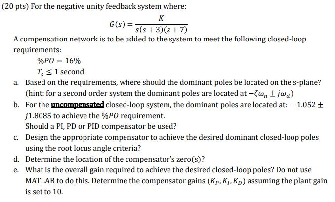 Solved (20 pts) For the negative unity feedback system | Chegg.com
