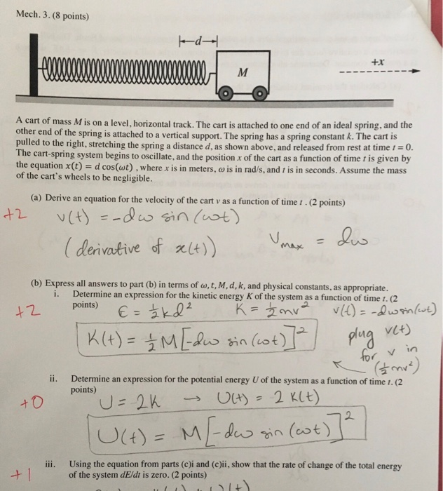Solved Mech. 3. (8 points) +x ·卡 cart of mass M is on a | Chegg.com