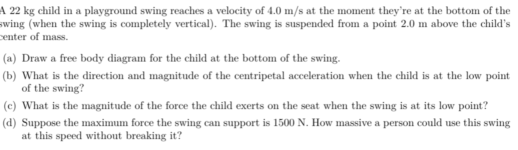 Solved 22 kg child in a playground swing reaches a velocity | Chegg.com