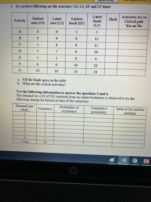 2. In a project following are the activities' ES, LS, | Chegg.com
