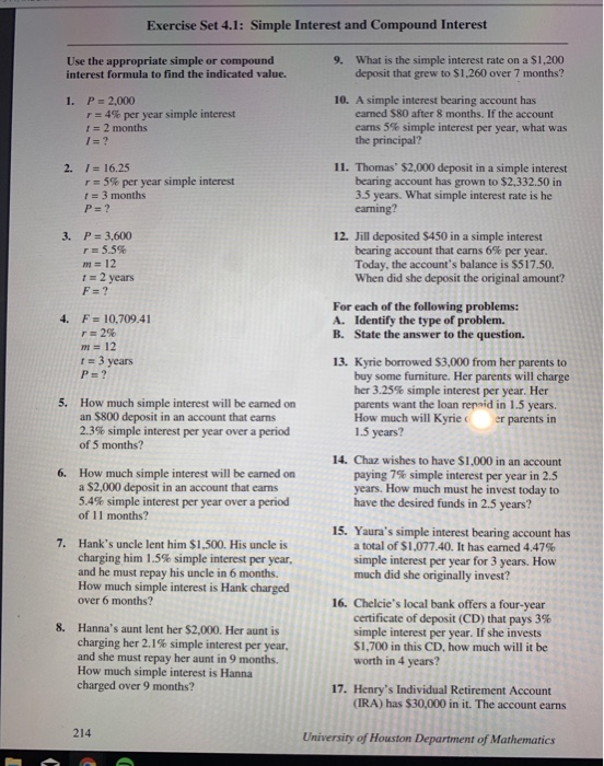Solved Exercise Set 4.1: Simple Interest and Compound | Chegg.com