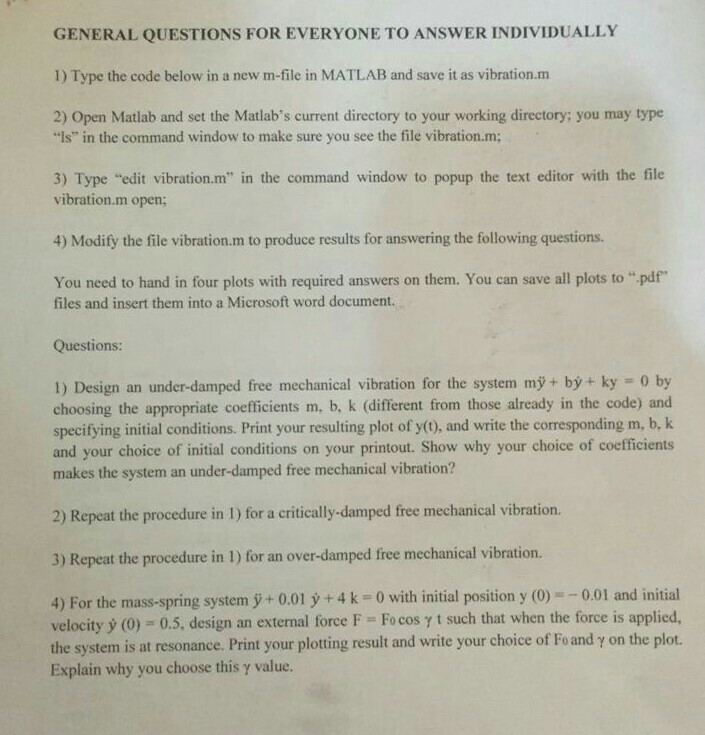 mechanical vibration using MATLAB mechanical | Chegg.com
