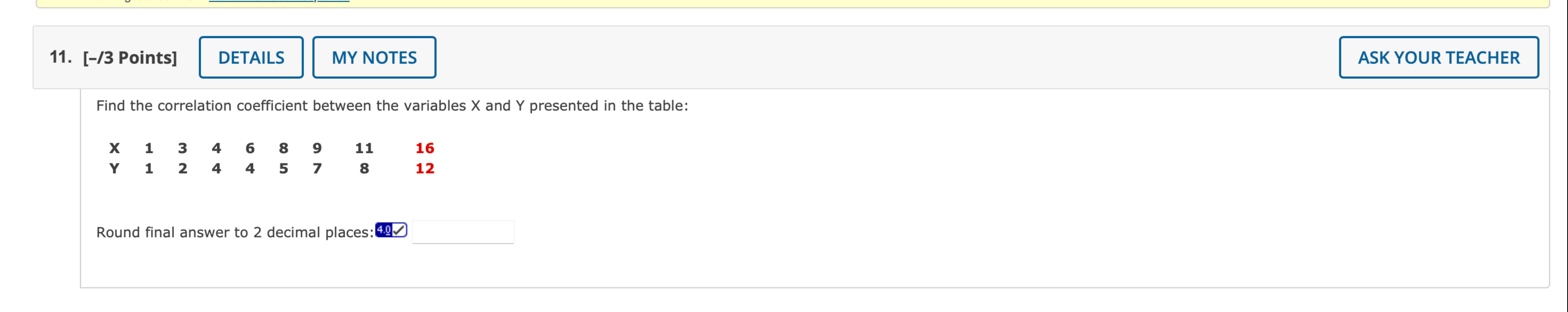 Solved [-/3 ﻿Points]Find the correlation coefficient between | Chegg.com