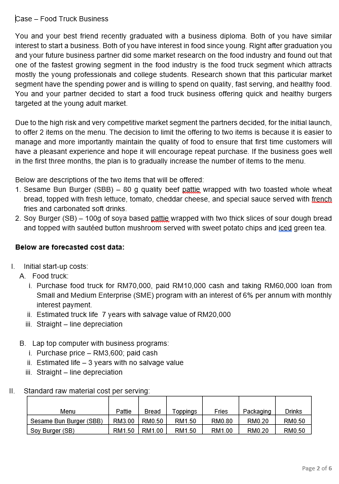 Case - Food Truck Business You and your best friend | Chegg.com