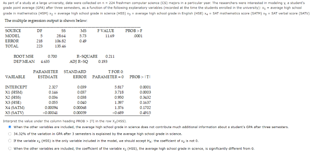 Solved As part of a study at a large university, data were | Chegg.com