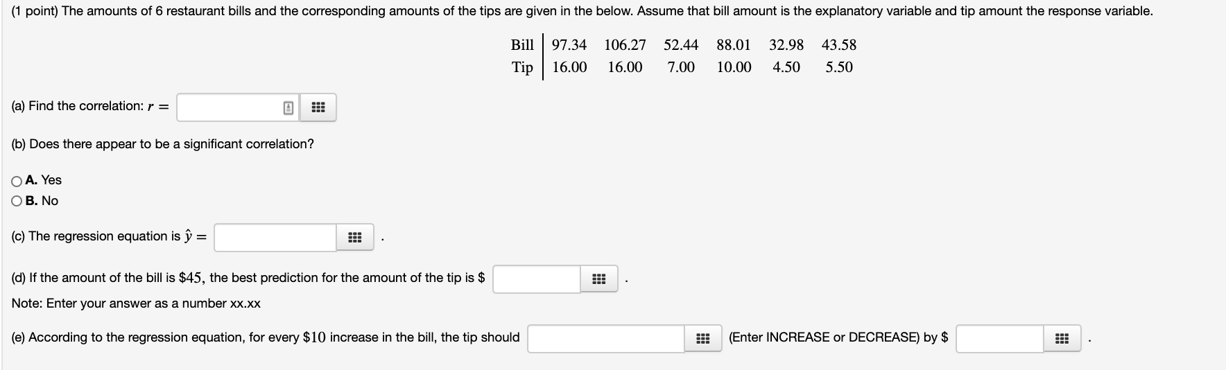 Solved (1 point) The amounts of 6 restaurant bills and the | Chegg.com