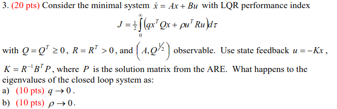 Solved 3. (20pts) Consider the minimal system x˙=Ax+Bu with | Chegg.com