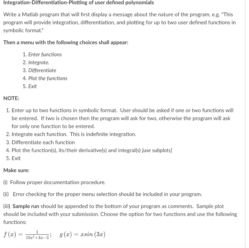 Solved Integration-Differentiation-Plotting of user defined | Chegg.com
