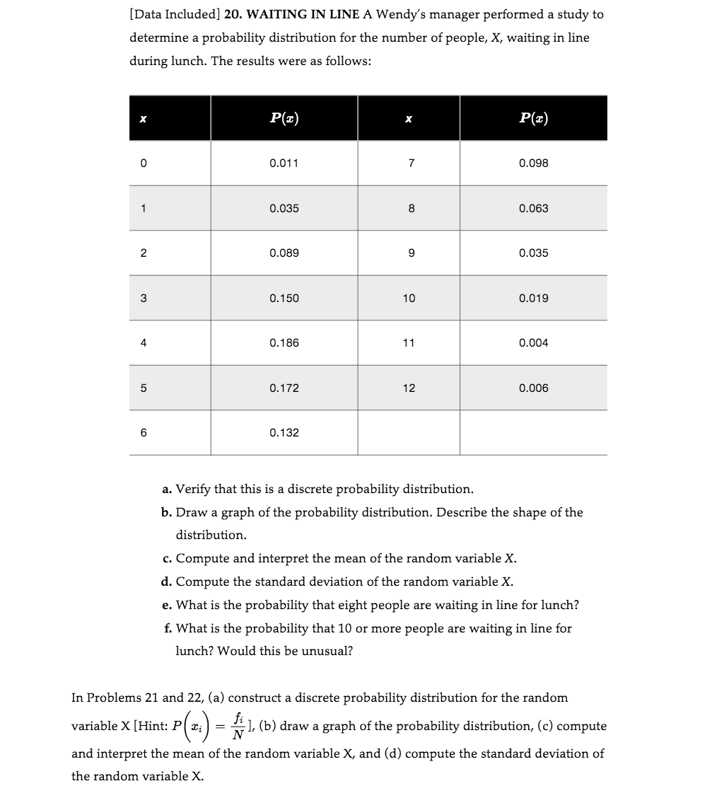 Solved [Data Included] 20. WAITING IN LINE A Wendy's manager | Chegg.com