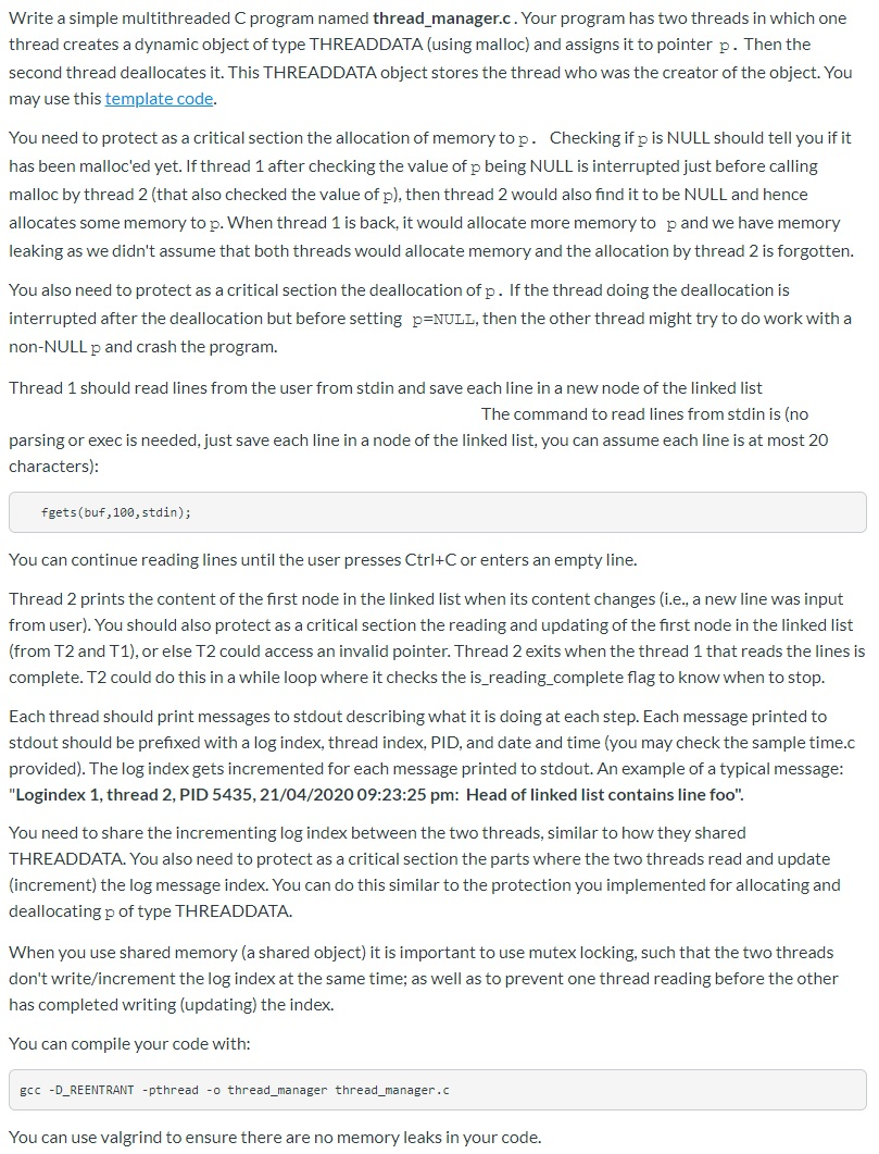C Language [OS] - Multi-threaded programming and | Chegg.com