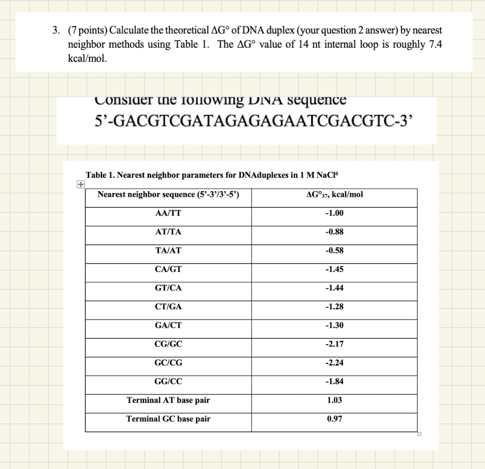 Solved (7 points) Calculate the theoretical ΔG∘ of DNA | Chegg.com Solved (7 points) Calculate the theoretical ΔG∘ of DNA | Chegg.com