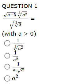 Solved QUESTION 1 3aa−5⋅3a2= (with a>0 ) 3a21a21a⋅a1 | Chegg.com