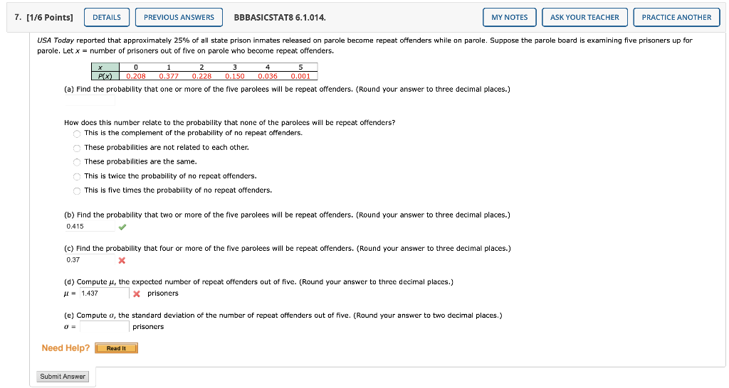 Solved 7. [1/6 Points] DETAILS PREVIOUS ANSWERS BBBASICSTAT8 | Chegg.com