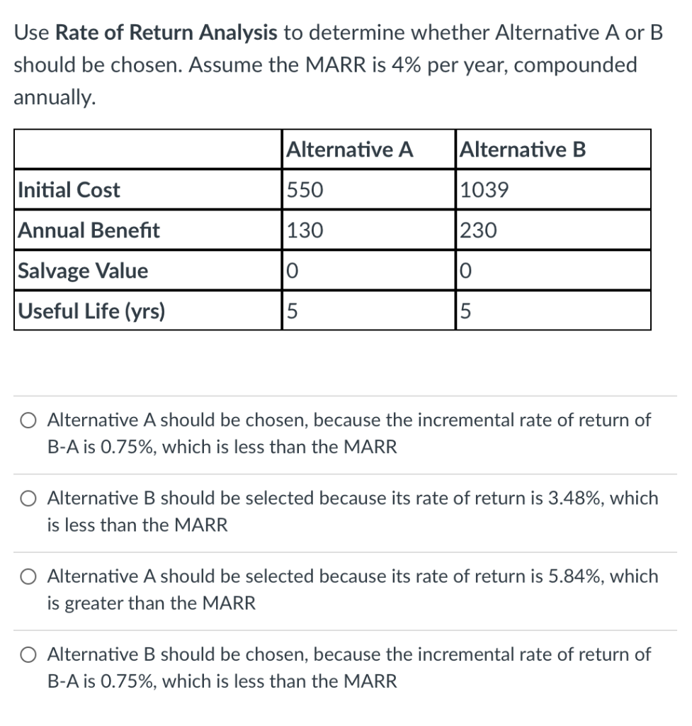 Solved Use Rate of Return Analysis to determine whether | Chegg.com