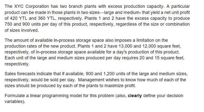 Solved The XYC Corporation has two branch plants with excess | Chegg.com