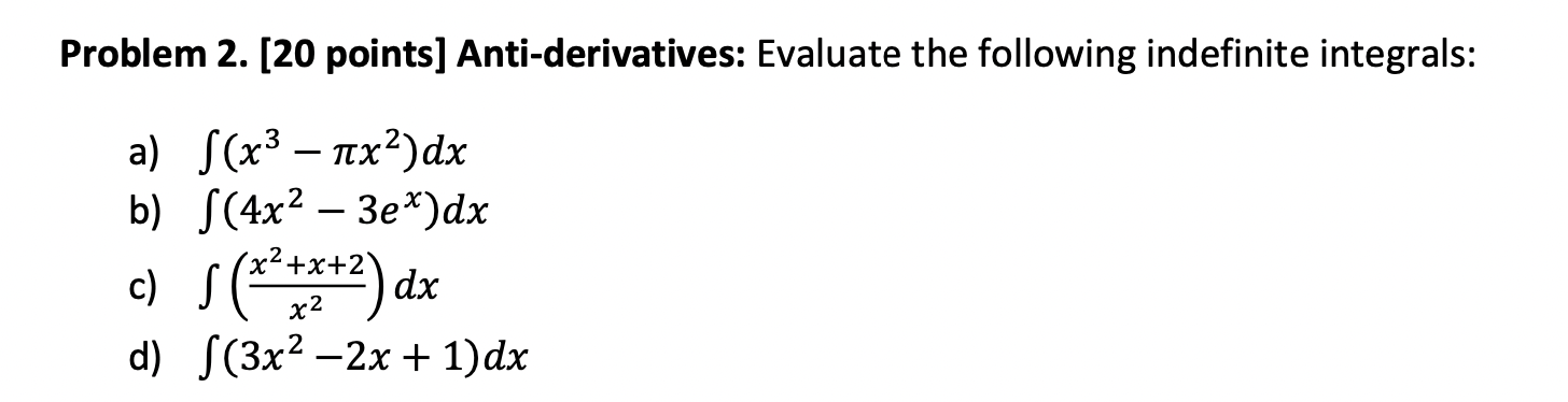 Solved Problem 2. [20 points] Anti-derivatives: Evaluate the | Chegg.com