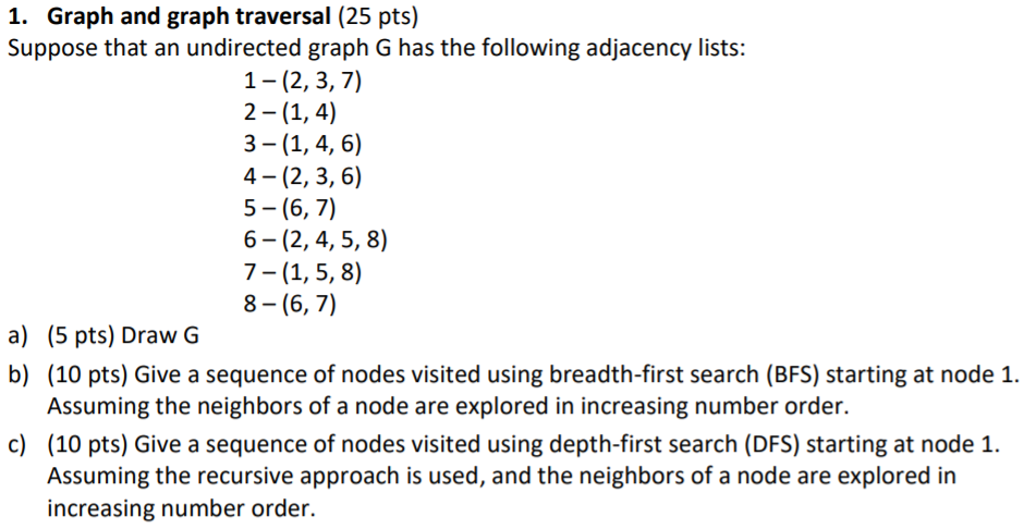 Solved 1. Graph and graph traversal (25 pts) Suppose that an | Chegg.com