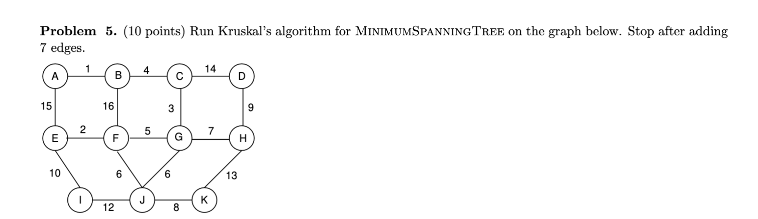Solved Problem 5. (10 points) Run Kruskal's algorithm for | Chegg.com Solved Problem 5. (10 points) Run Kruskal's algorithm for | Chegg.com