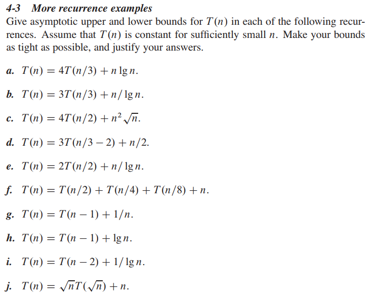 Solved 4-3 ﻿More recurrence examplesGive asymptotic upper | Chegg.com