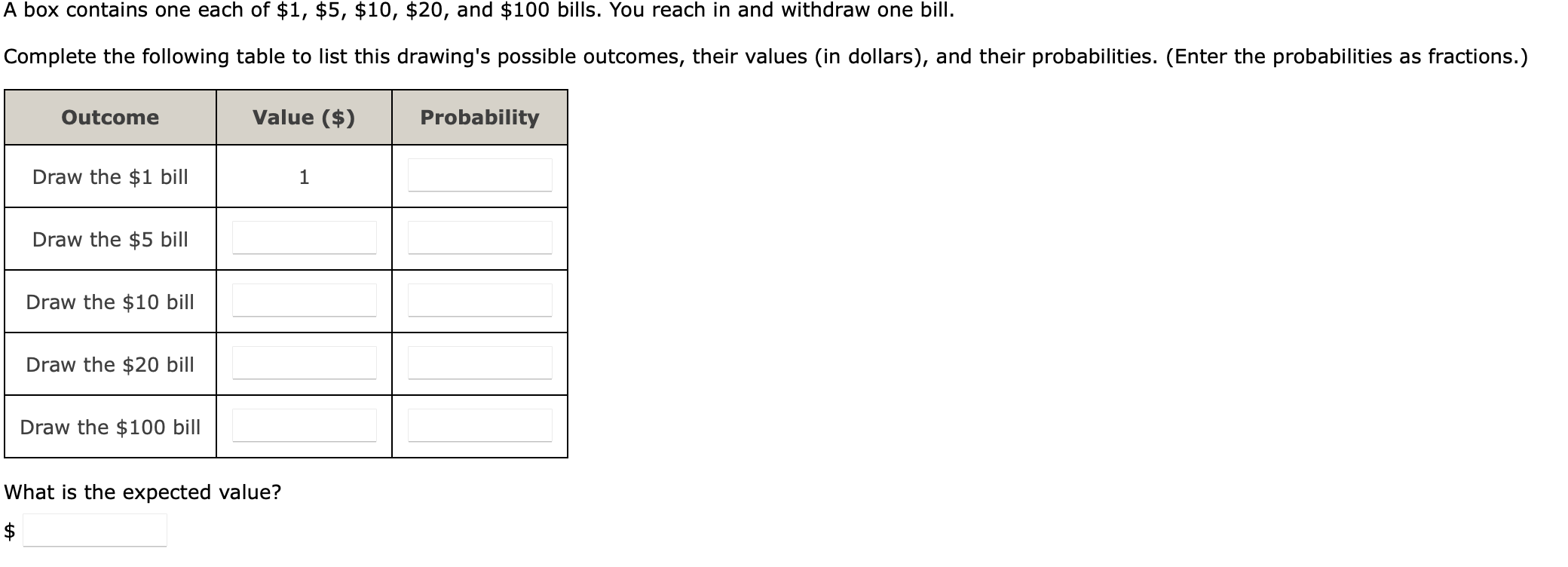 Solved A box contains one each of $1, $5, $10, $20, and $100 | Chegg.com