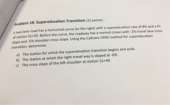 Solved Problem 18: Superelevation Transition (15 points) A | Chegg.com