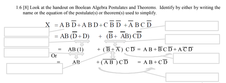 Solved 1.6 [8] Look at the handout on Boolean Algebra | Chegg.com