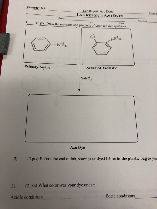 Solved: Chemistry 242 LAB REPORT: AZO DYES Name Section 1(... | Chegg.com
