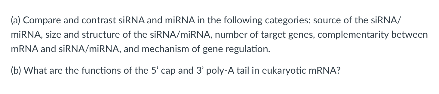 Solved (a) Compare and contrast siRNA and miRNA in the | Chegg.com