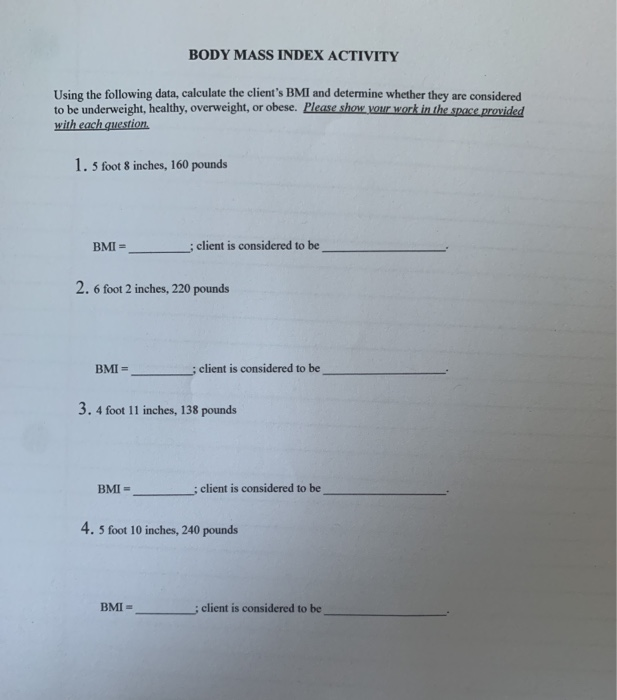 Solved BODY MASS INDEX ACTIVITY Using the following data, | Chegg.com