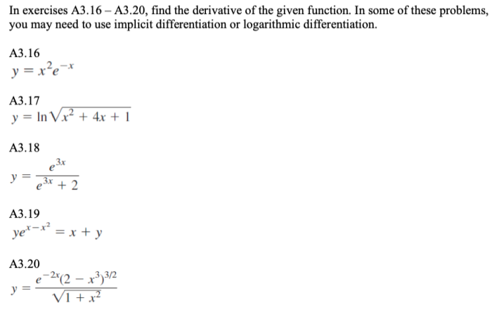 Solved In exercises A3.16 - A3.20, find the derivative of | Chegg.com