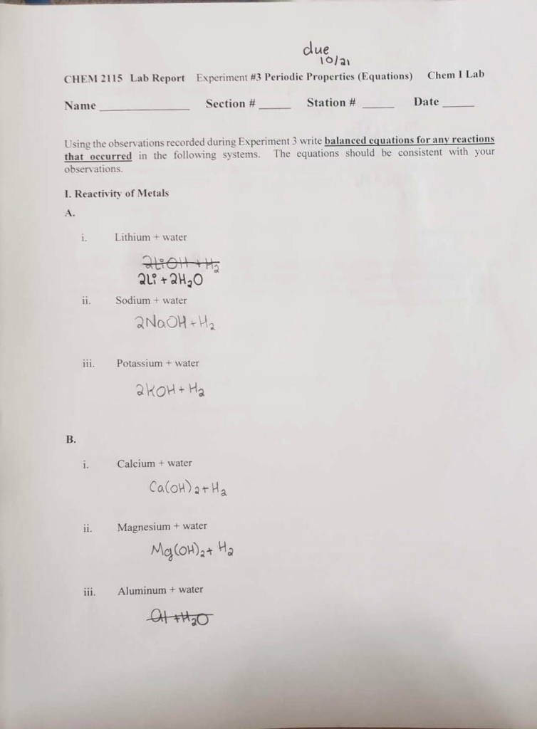 Solved due 10/ai CHEM 2115 Lab Report Experiment #3 Periodic | Chegg.com