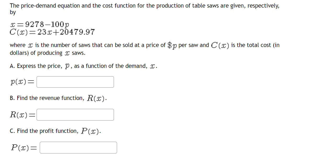 Solved The price-demand equation and the cost function for | Chegg.com