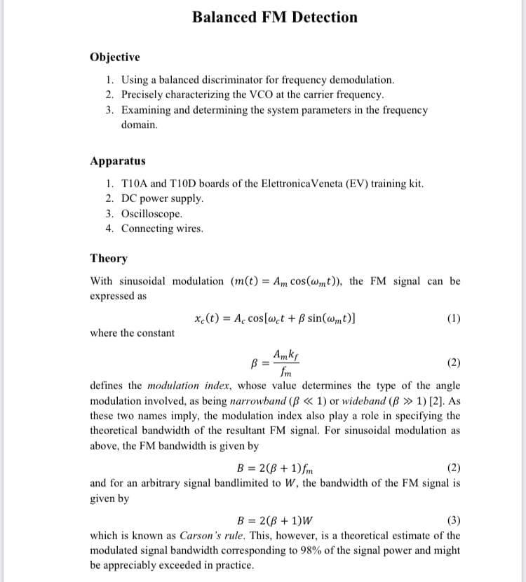 Balanced FM Detection Objective 1. Using a balanced | Chegg.com