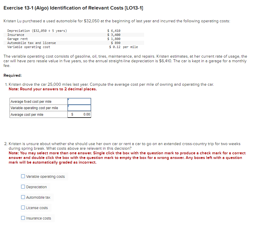 Solved Exercise 13-1 (Algo) Identification of Relevant Costs | Chegg.com