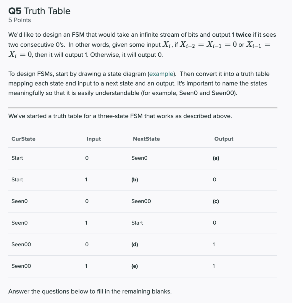 Solved Q5 Truth Table 5 Points We'd like to design an FSM | Chegg.com