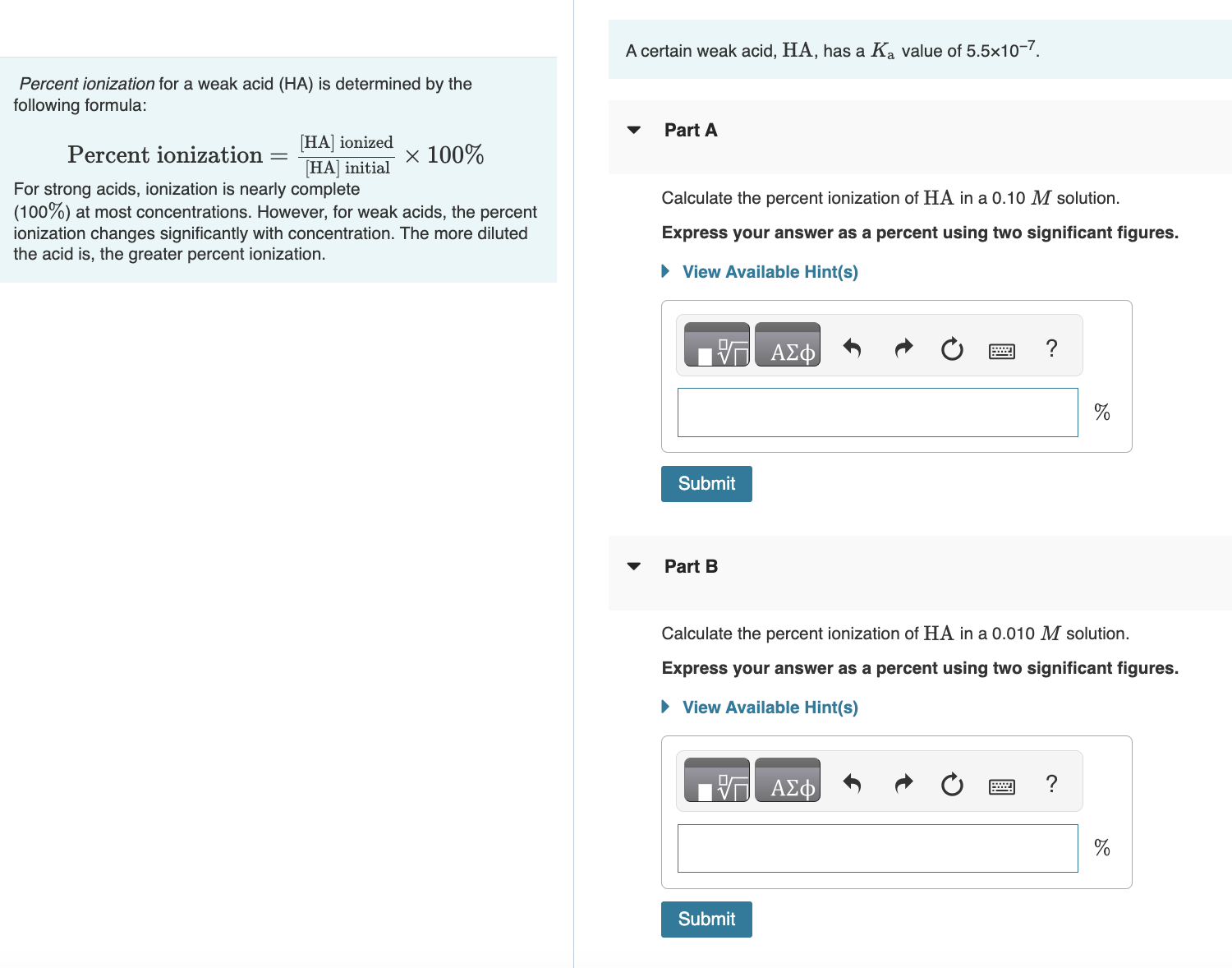 Solved Percent ionization for a weak acid (HA) is determined | Chegg.com