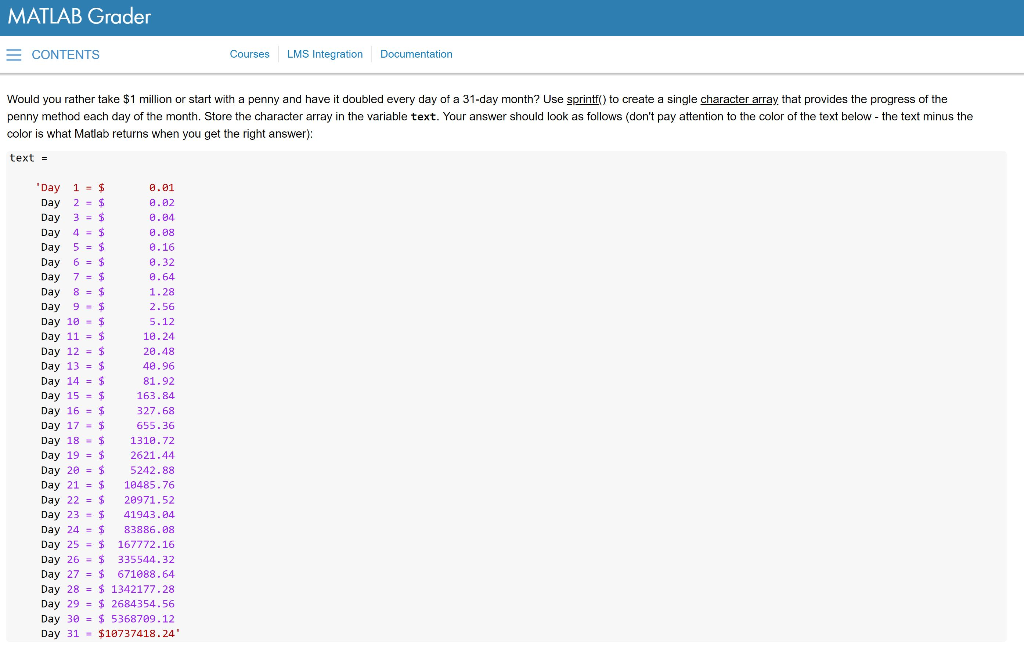 Solved MATLAB Grader CONTENTS Courses LMS Interation | Chegg.com