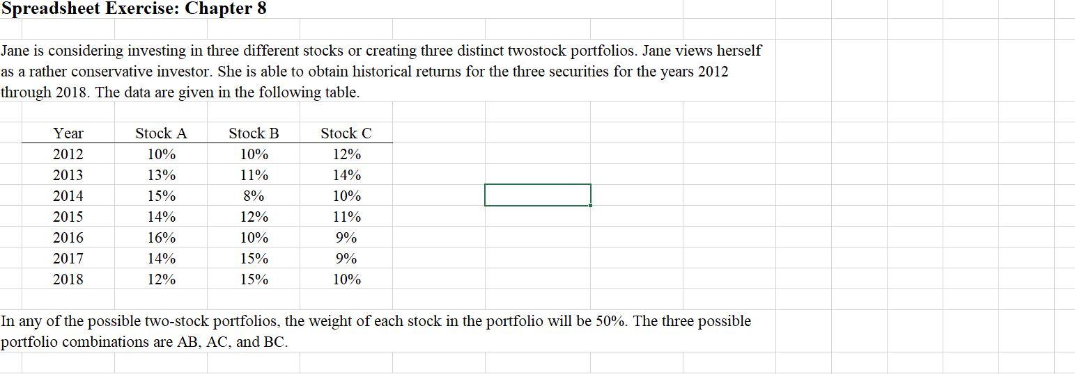 Spreadsheet Exercise: Chapter 8 Jane is considering | Chegg.com