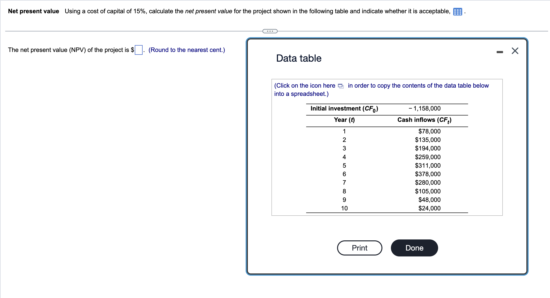 Solved Net present value Using a cost of capital of 15%, | Chegg.com