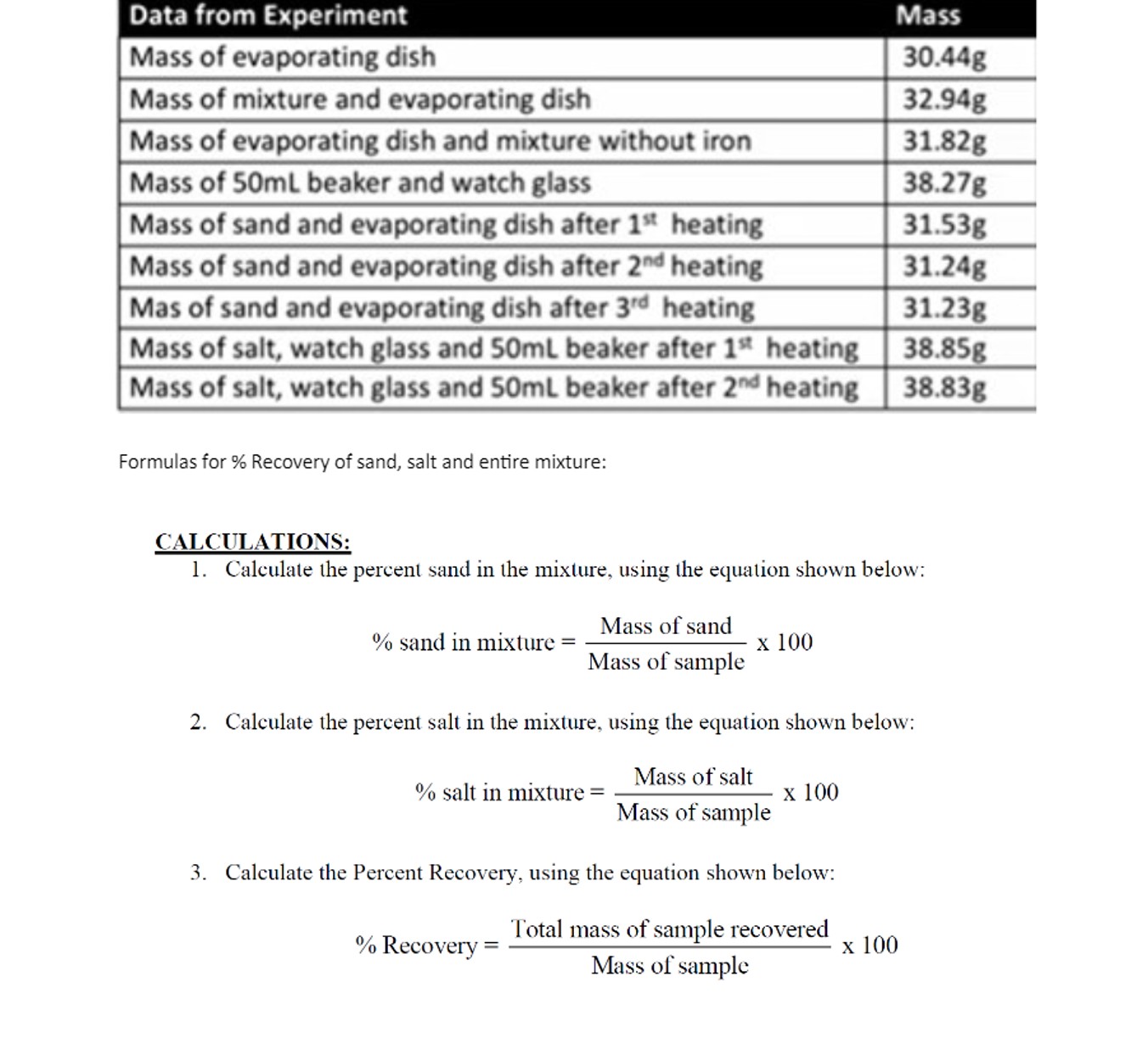 Solved Formulas for % ﻿Recovery of sand, salt and entire | Chegg.com