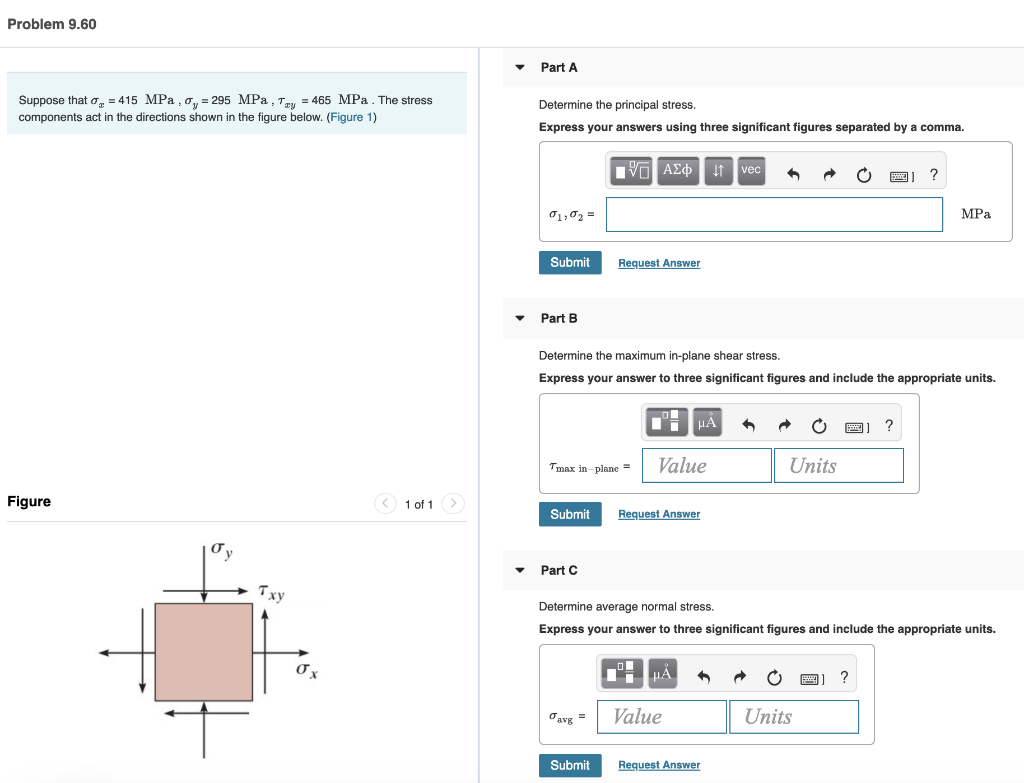 Solved Suppose that σx = 415 MPa , σy = 295 MPa , τxy = 465 | Chegg.com