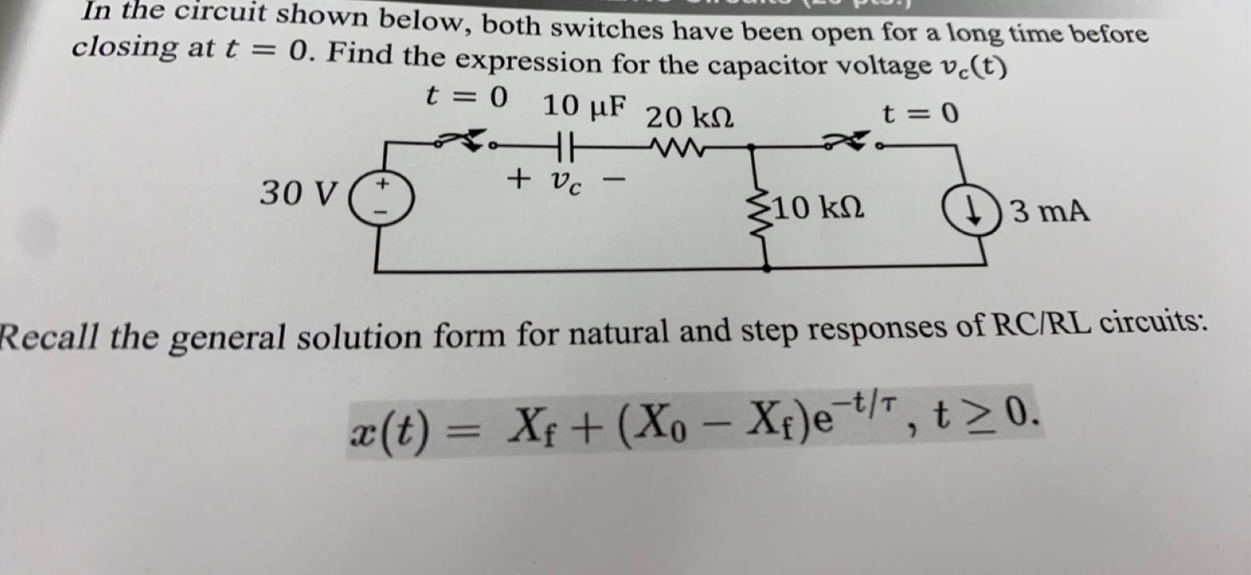 Solved closing at t=0. Find the expression for the capacitor | Chegg.com