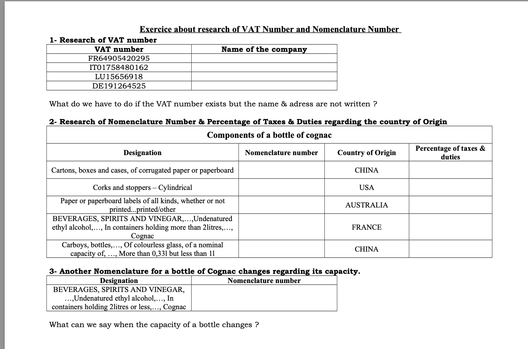 Solved Exercice about research of VAT Number and | Chegg.com