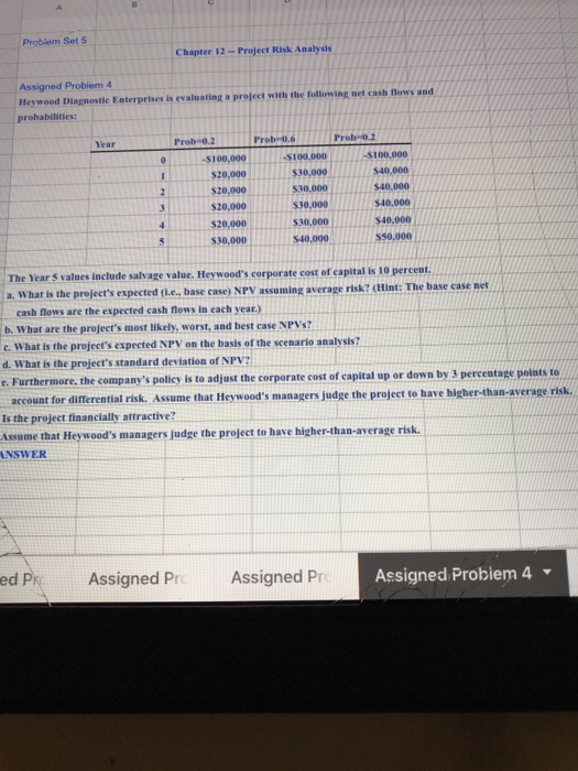 Solved Problem Set 5 Chapter 12-Project Risk Analysis | Chegg.com